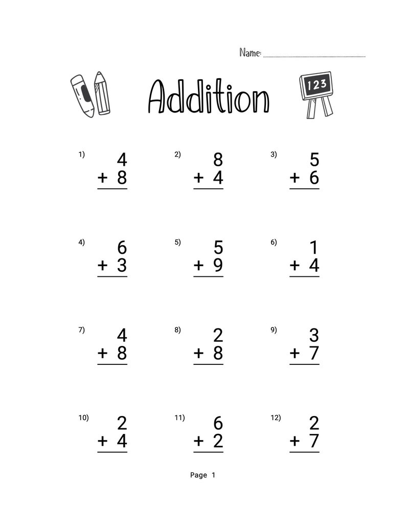 10 Printable Addition Worksheets. Numbers 1-9. Answer Key Included ...