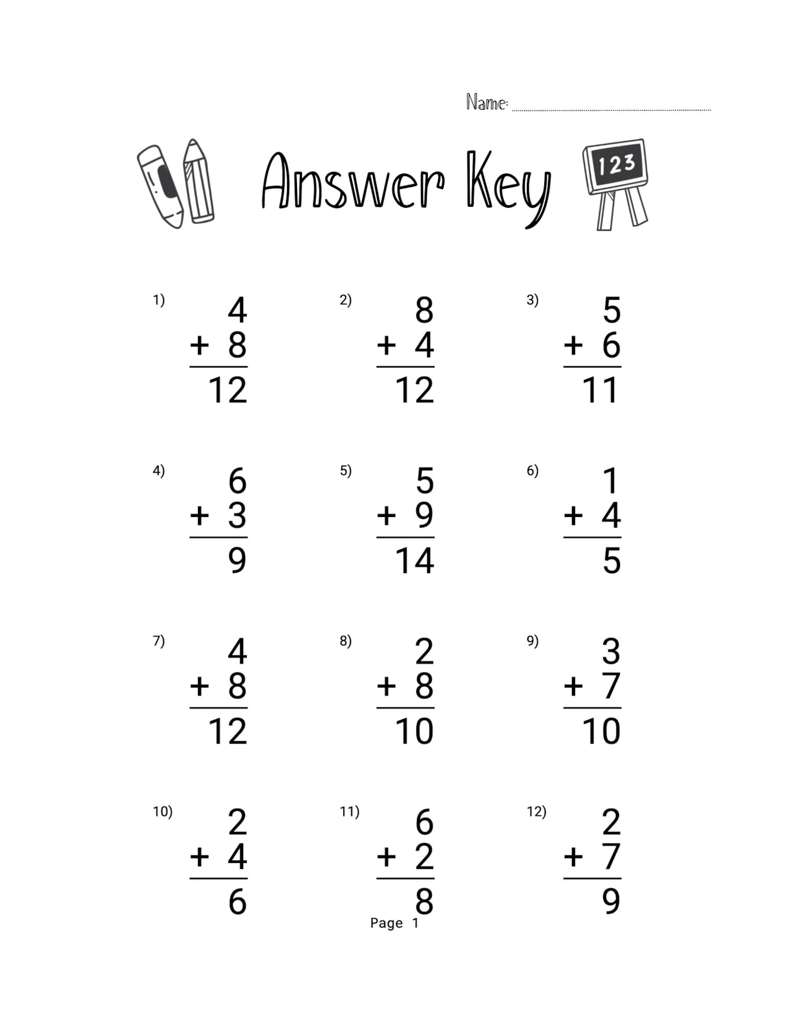 10 Printable Addition Worksheets. Numbers 1-9. Answer Key Included ...