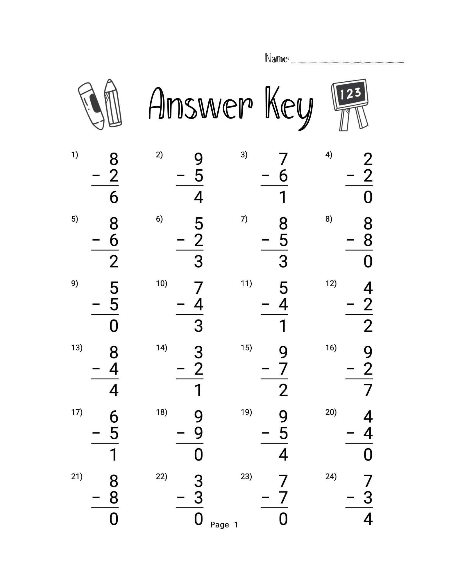 10 Printable Subtraction Worksheets. Numbers 1-9. Answer Key Included ...