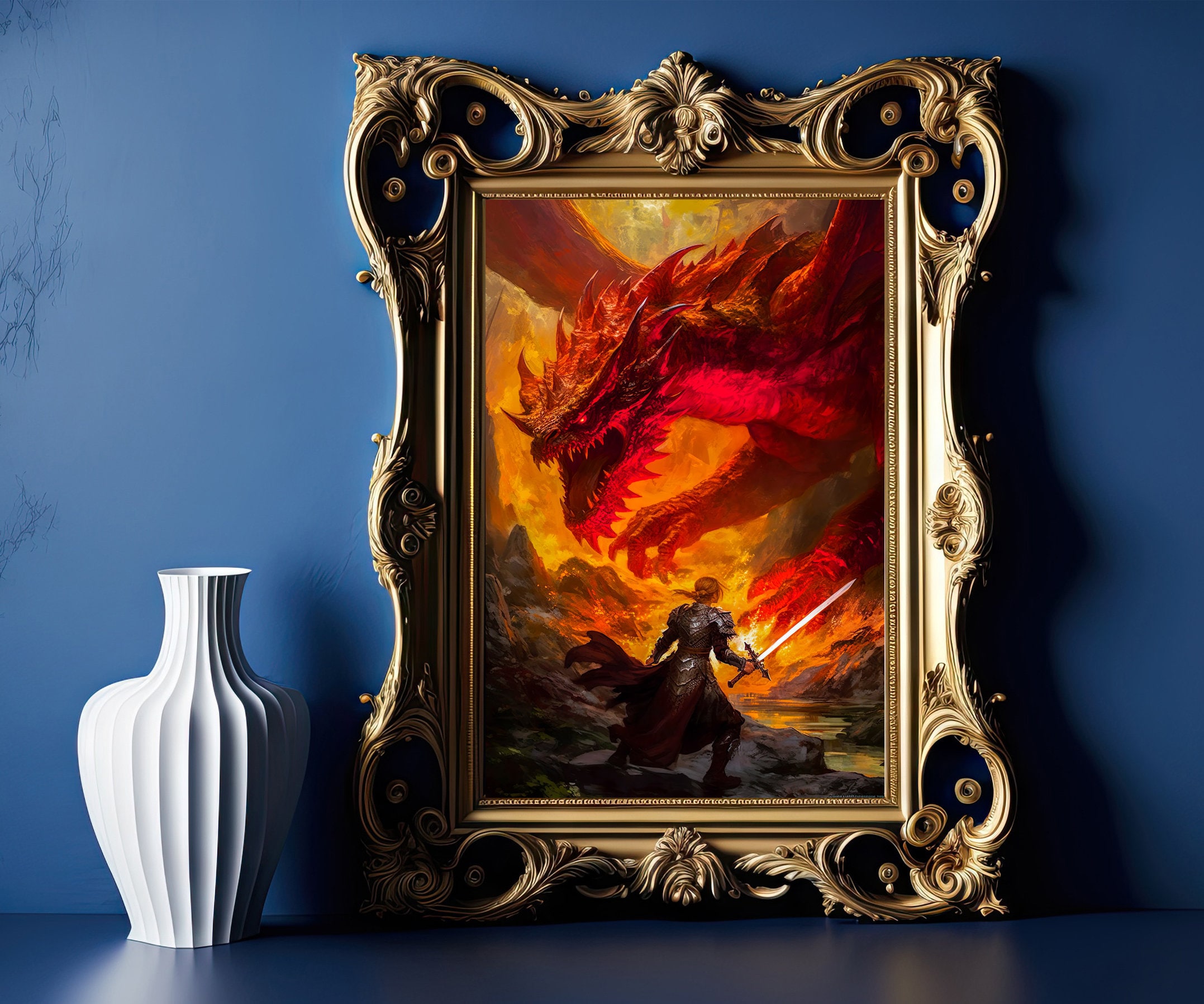 Dragon Vs Warrior Princess DND Battle Scene Dragon Art - Etsy