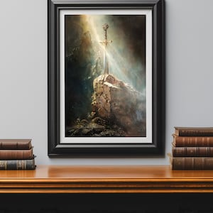 Excalibur Sword, Vintage Oil Art, King Arthur Inspired, Retro Fantasy ...