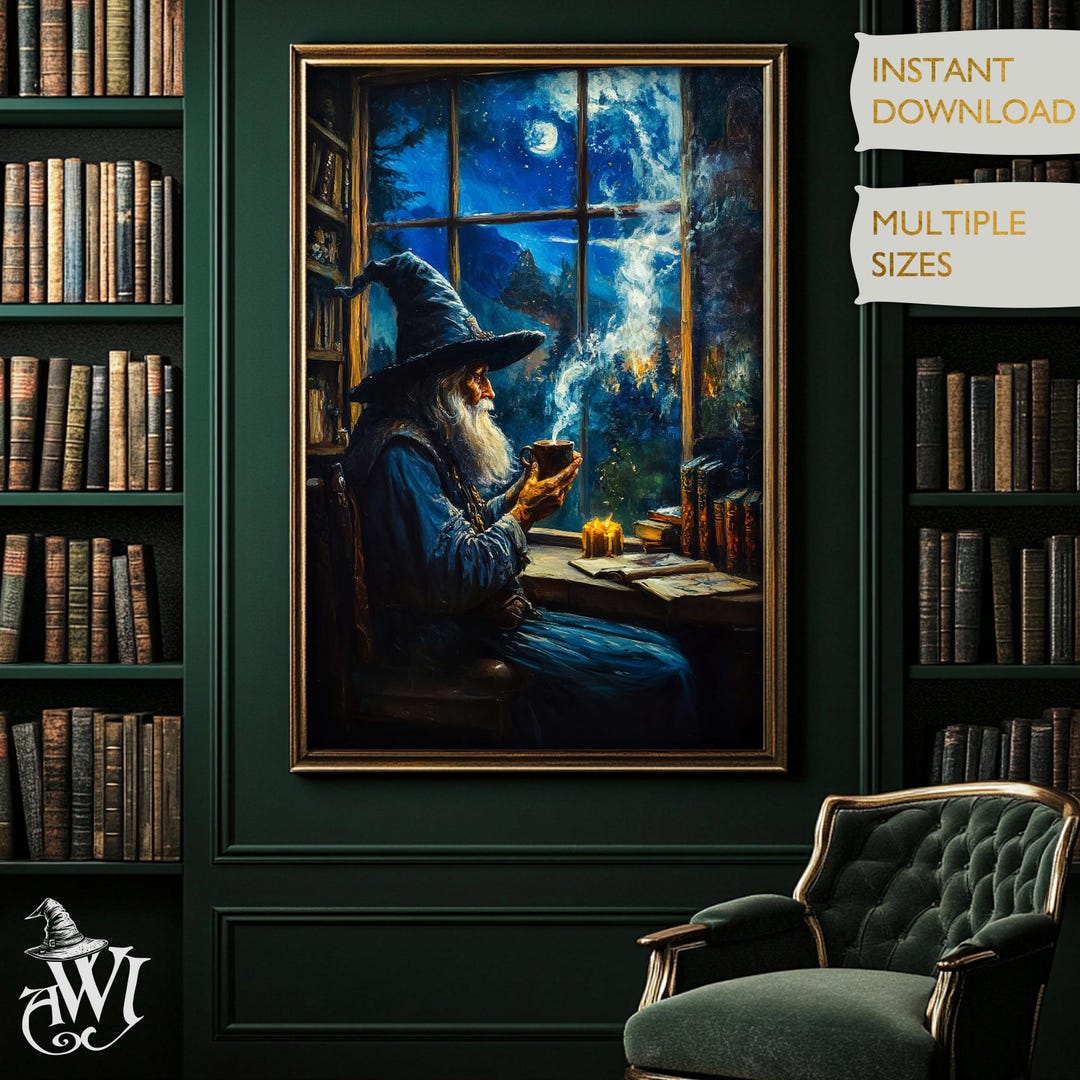 Wizard in Cozy Library With Coffee Art Vintage Oil Painting Boho ...