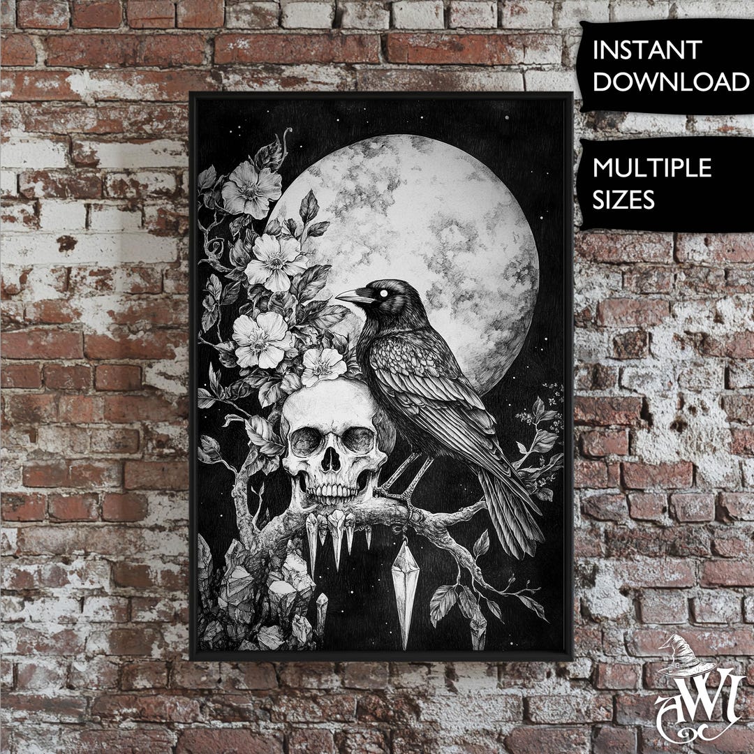 Medieval Raven Skull Wildflower Moon Black and White Ink Style Drawing ...