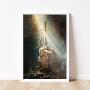 Excalibur Sword, Vintage Oil Art, King Arthur Inspired, Retro Fantasy ...