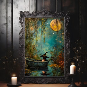 Witch in a Moonlit Tub, Dark Magical Art, Witchy Painting, Dark ...