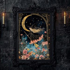 Starry Night Witch Tapestry Style Art Mythical Celestial Fantasy Poster ...