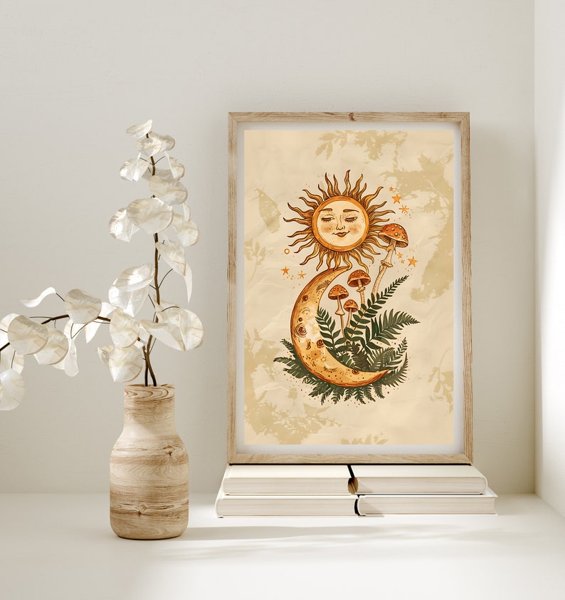 Celestial Sun & Moon Print, Earthy Boho, Earthy Celestial Poster, Folk ...