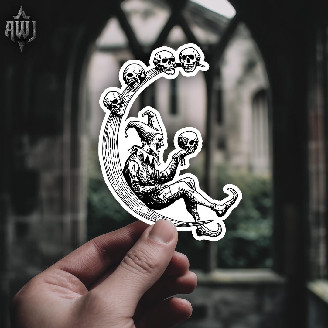 Evil Jester on Crescent Moon Juggling Skulls Sticker Medieval Fantasy ...