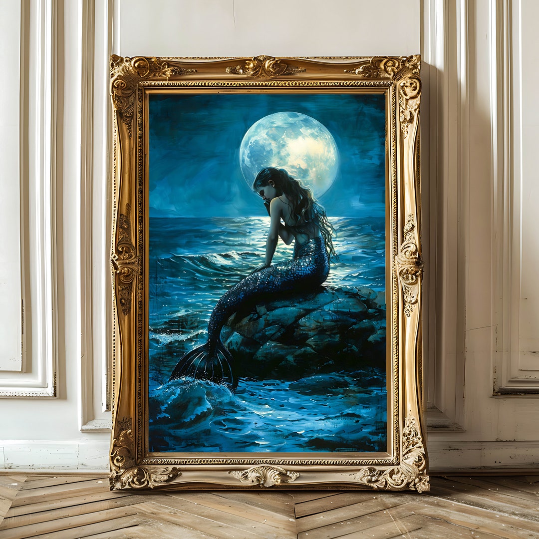 Mermaid Art, Vintage Oil Art, Mystical Siren Poster, Retro Fantasy Art ...