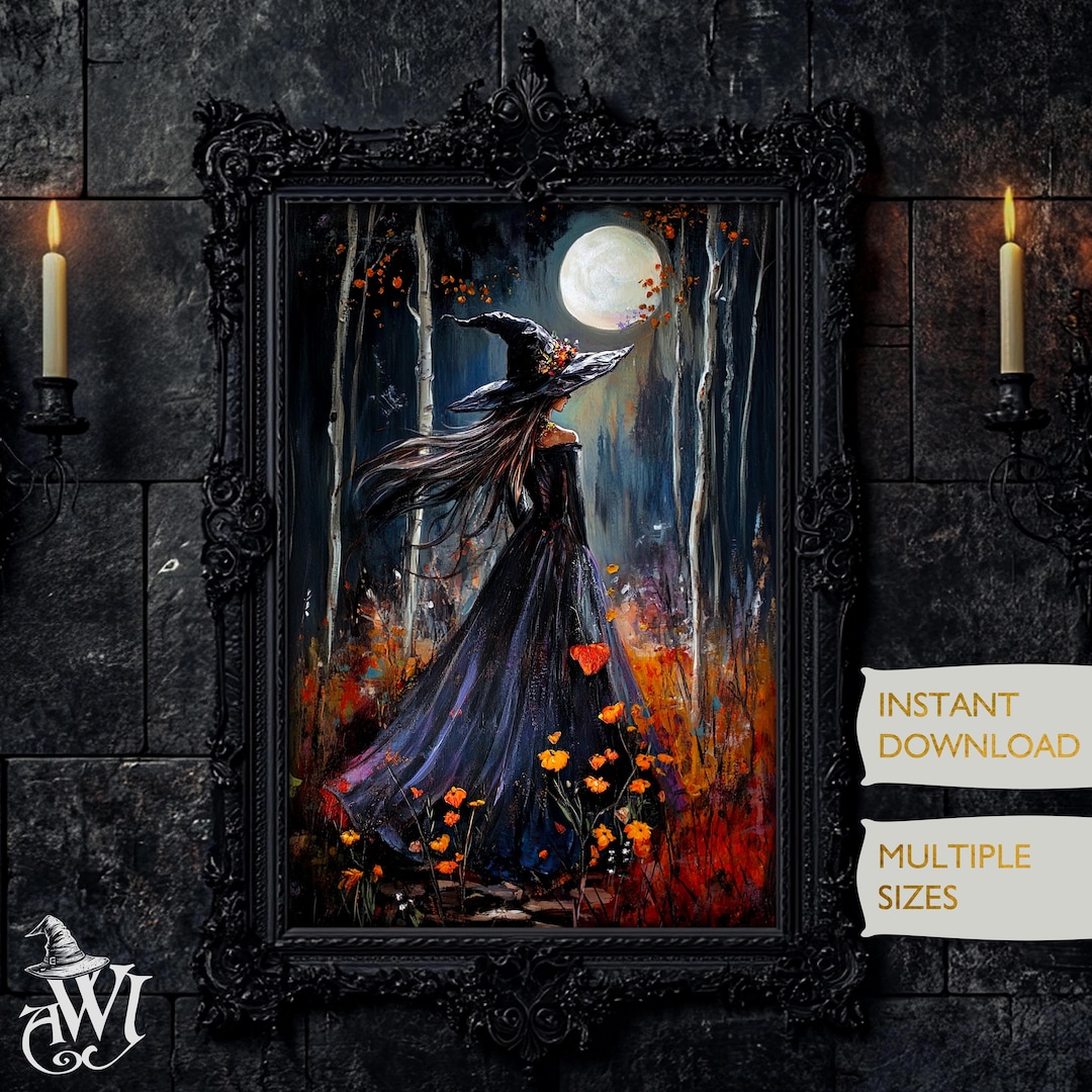 Witch in Floral Magical Forest Art Witchy Painting Boho Cottagecore ...