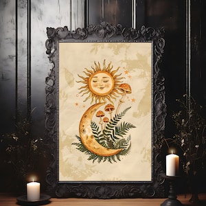 Celestial Sun & Moon Print, Earthy Boho, Earthy Celestial Poster, Folk ...