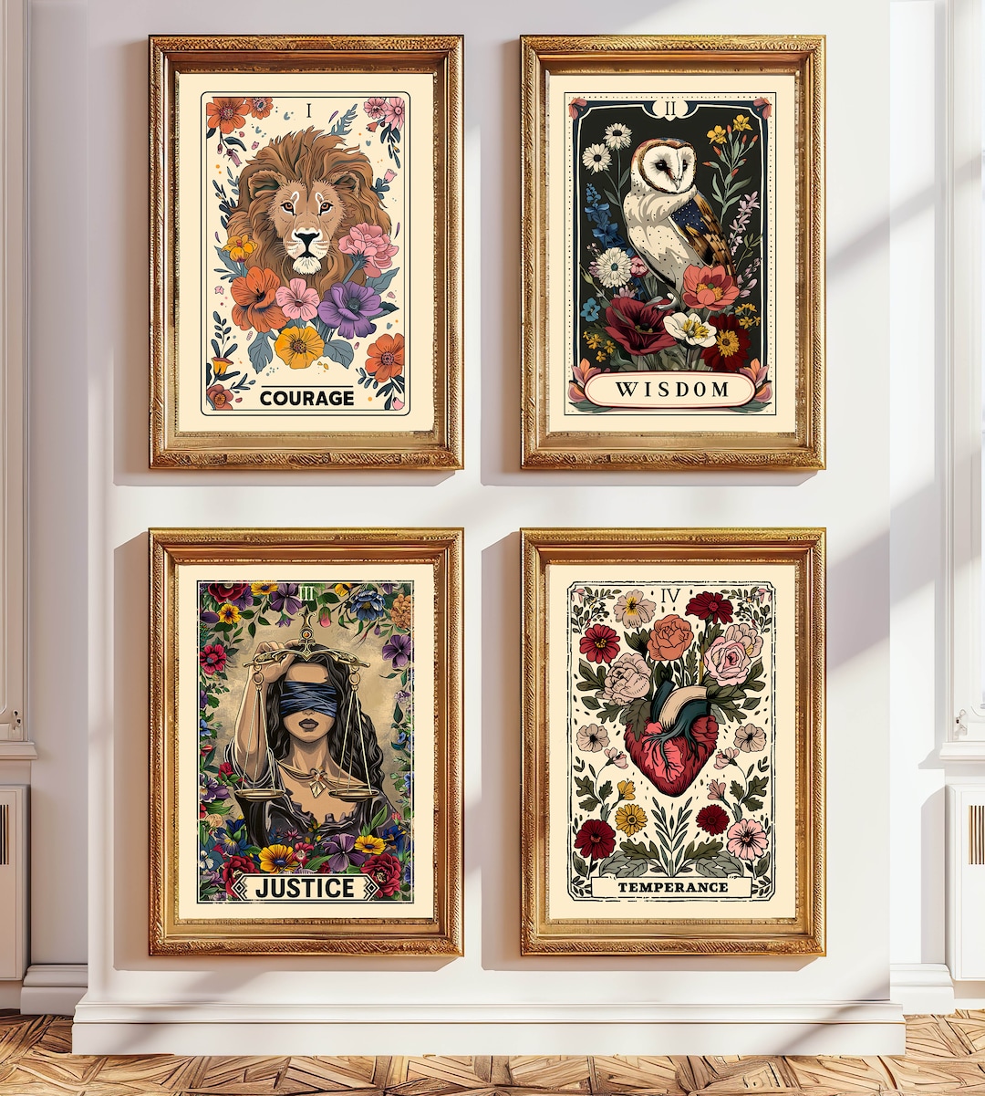 Cardinal Virtues Set of 4 Stoicism Tarot Card Prints, Earthy Boho Set ...