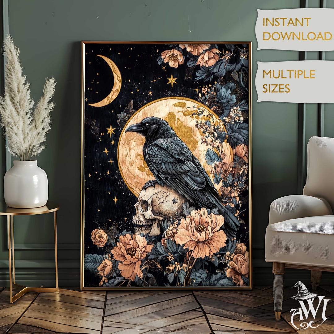 Starry Night Moon Raven Tapestry Style Art Mythical Celestial Fantasy ...