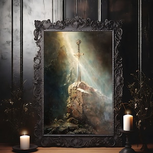 Excalibur Sword, Vintage Oil Art, King Arthur Inspired, Retro Fantasy ...