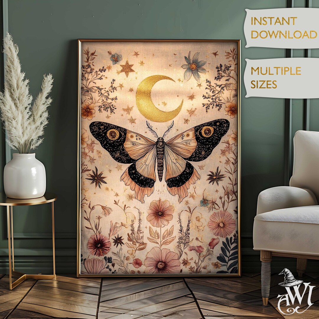 Starry Night Moon Moth Tapestry Style Art Mythical Celestial Fantasy ...