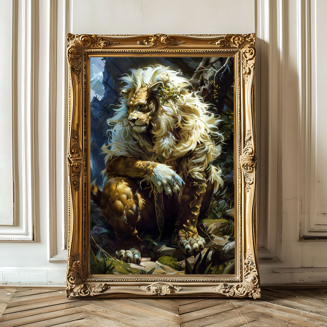 Zen Lion Warrior, Vintage Oil Art, Mystical Lion Poster, Retro Fantasy ...