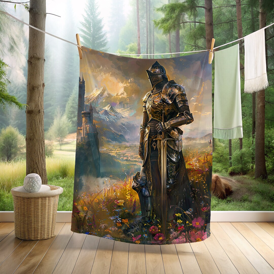 Medieval Knight Sherpa Fleece Blanket, Cottagecore Cozy Fleece Blanket ...