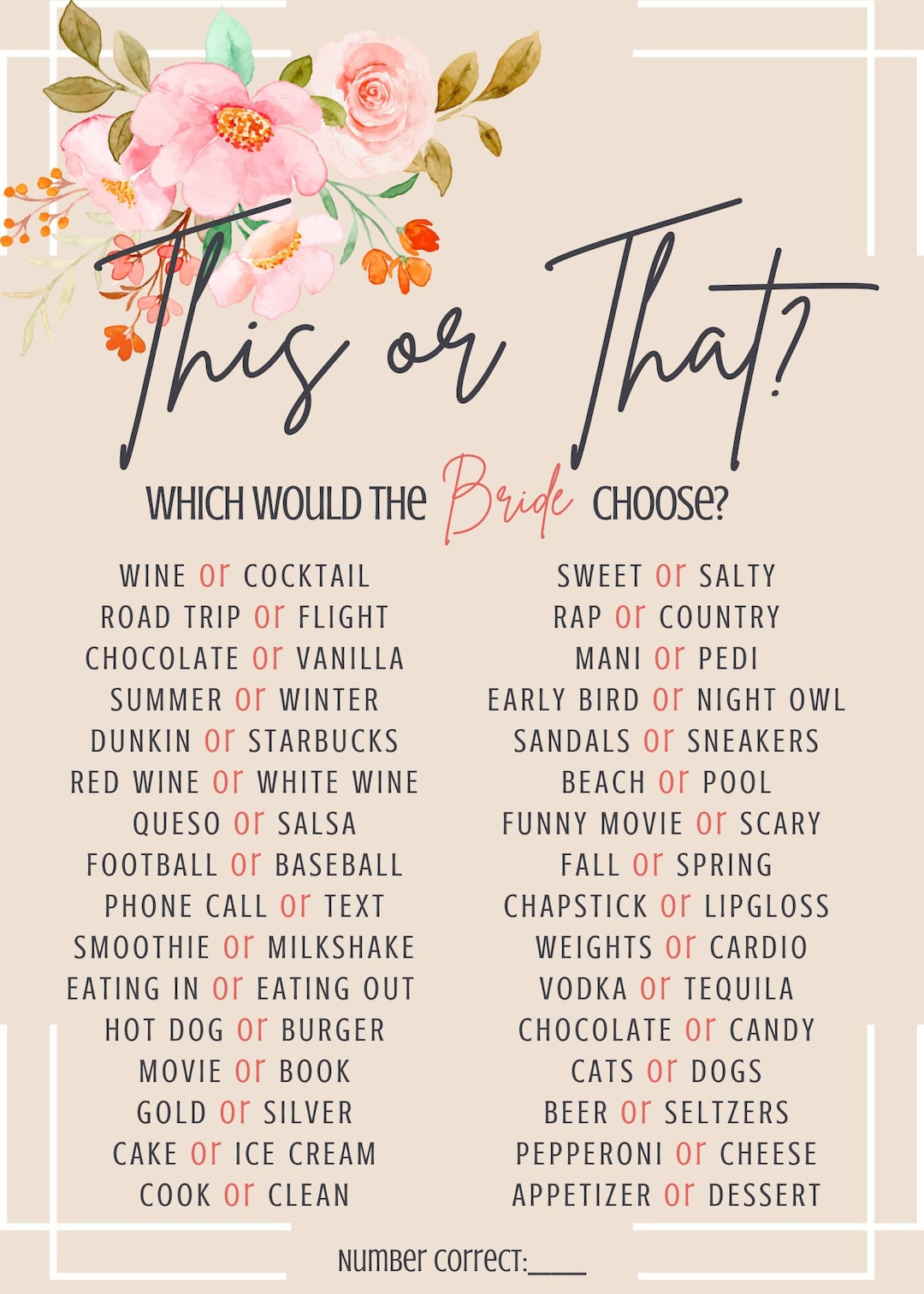Bridal Shower Game - Digital Download - This or That? - Etsy Canada