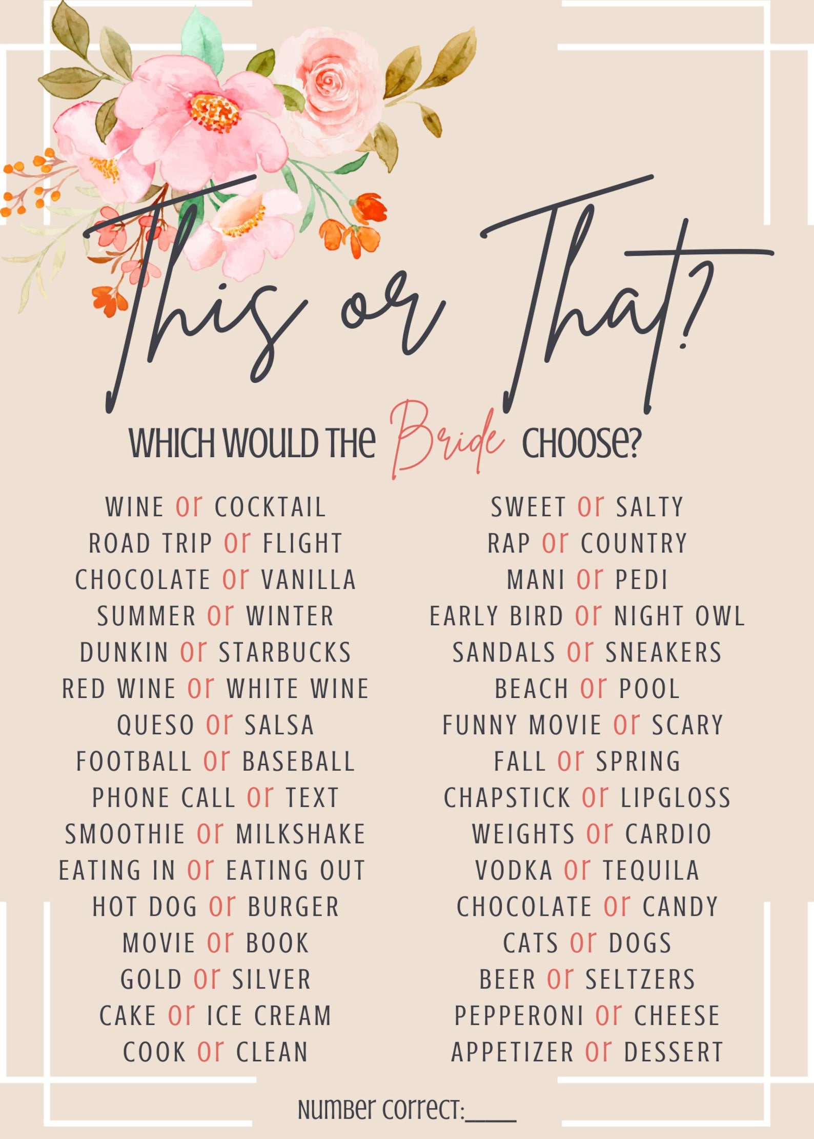 Bridal Shower Game - Digital Download - This or That? - Etsy