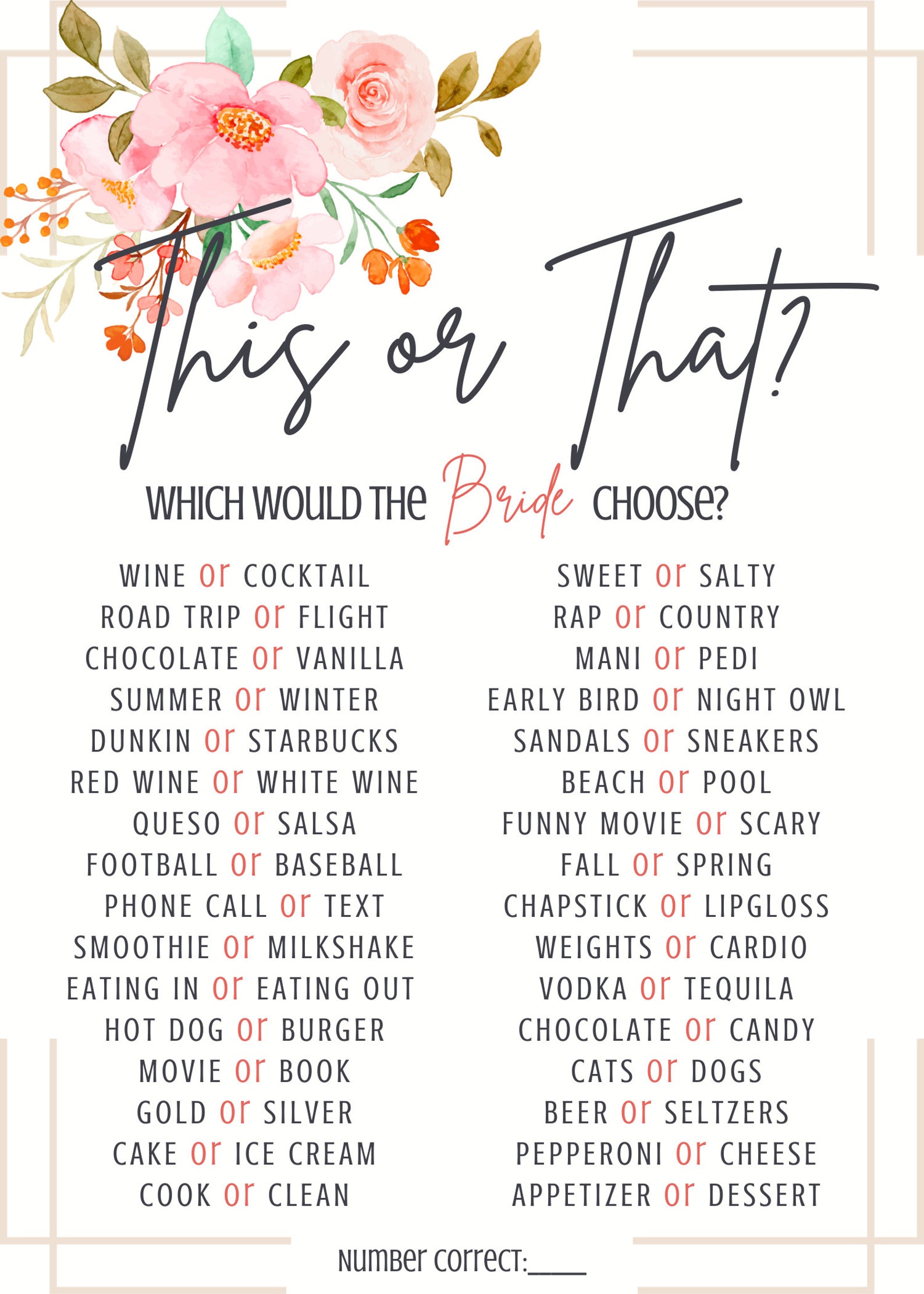 Bridal Shower Game - Digital Download - This or That? - Etsy