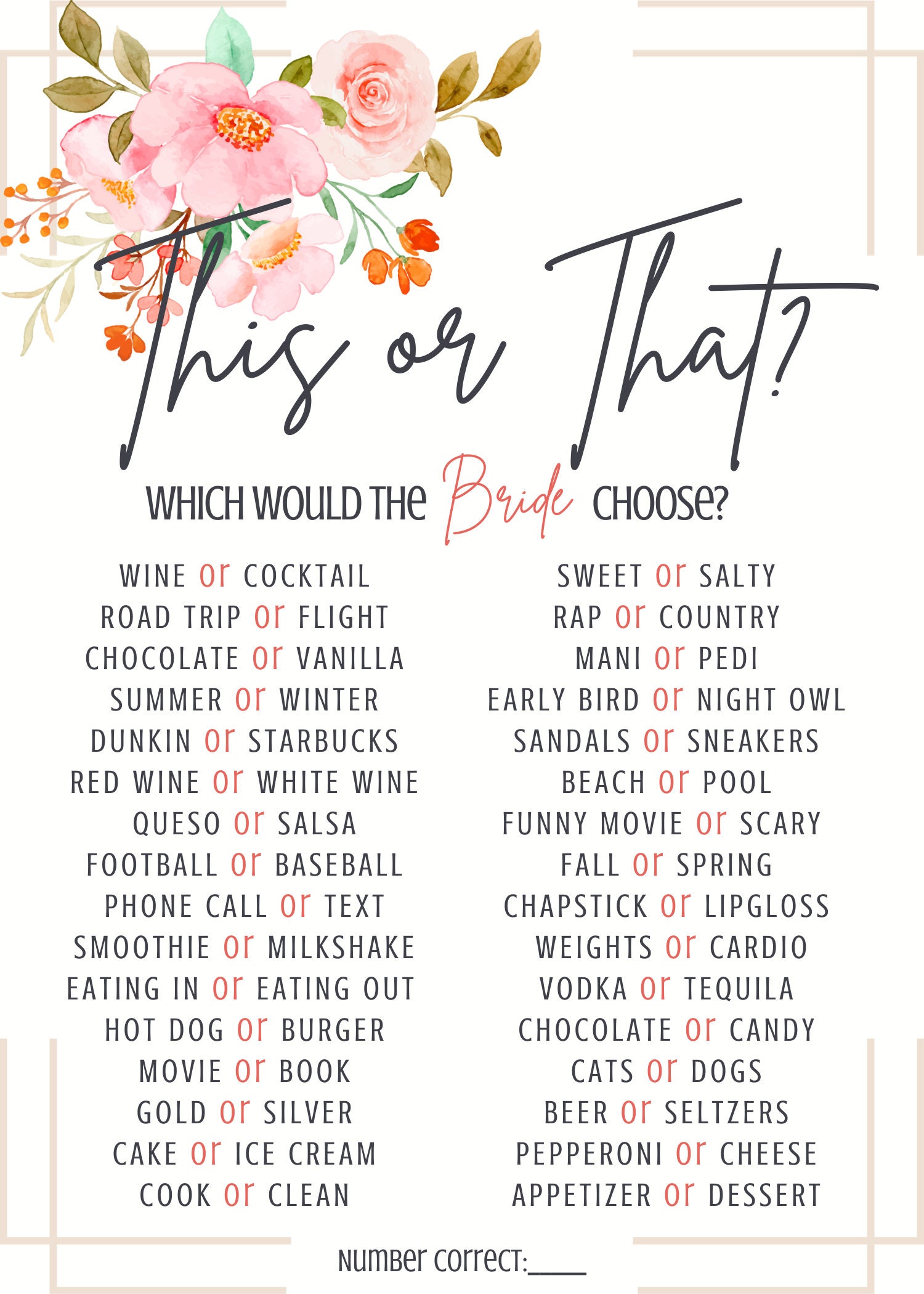 Bridal Shower Game - Digital Download - This or That? - Etsy