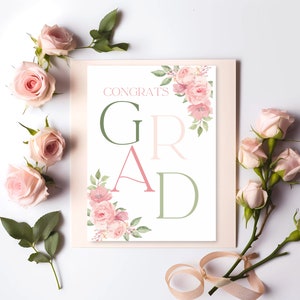 Printable Floral Grad Card, Pink Floral Grad Card, Printable Graduation ...