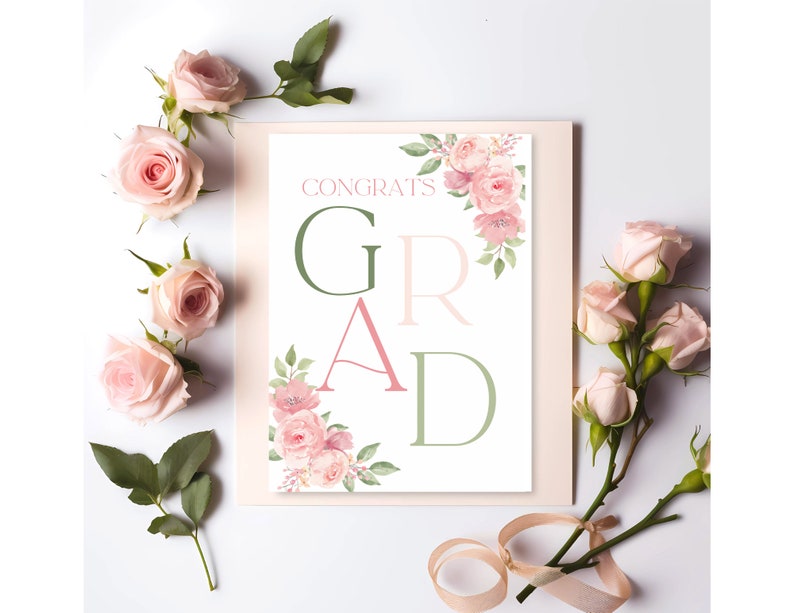 Printable Floral Grad Card, Pink Floral Grad Card, Printable Graduation ...