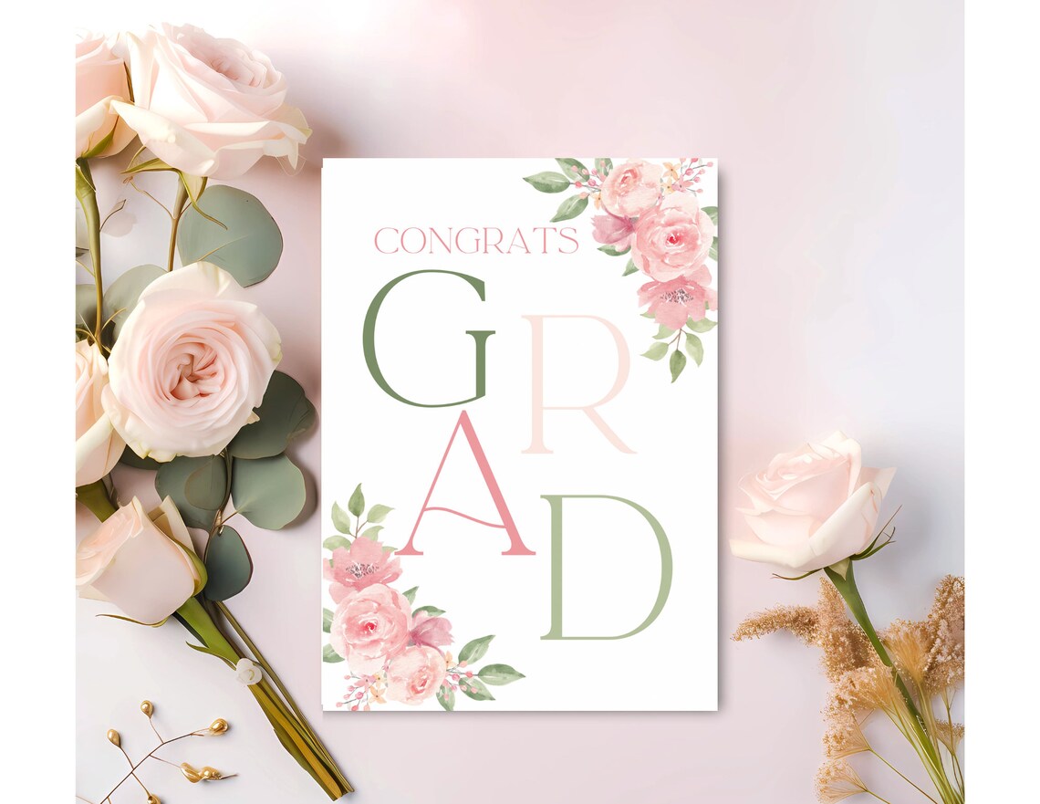 Printable Floral Grad Card, Pink Floral Grad Card, Printable Graduation ...