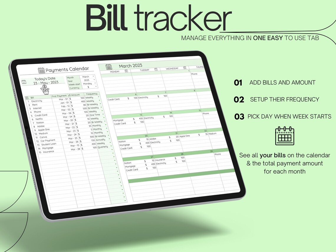 Bill Calendar • Monthly Bill Tracker • Bill Tracker • Debt Tracker ...