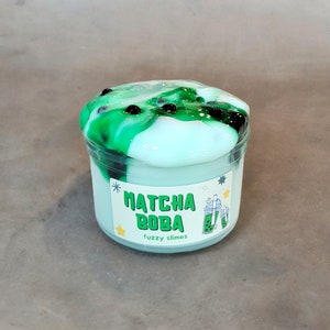 Matcha Boba Slime, Thick and Glossy, Clear, Boba Beads ~ Fuzzy Slimes ...