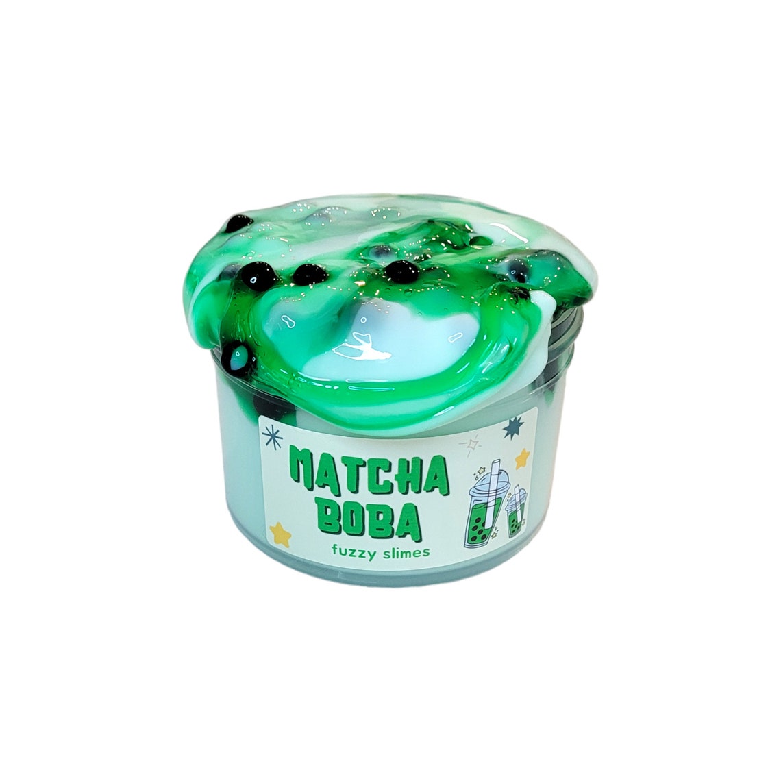 Matcha Boba Slime, Thick and Glossy, Clear, Boba Beads ~ Fuzzy Slimes ...