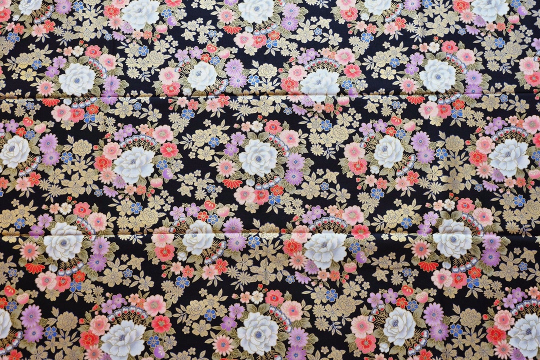 Japanese Fabric Coupon 55x49cm Black Gold Flower 92 RINBU - Etsy