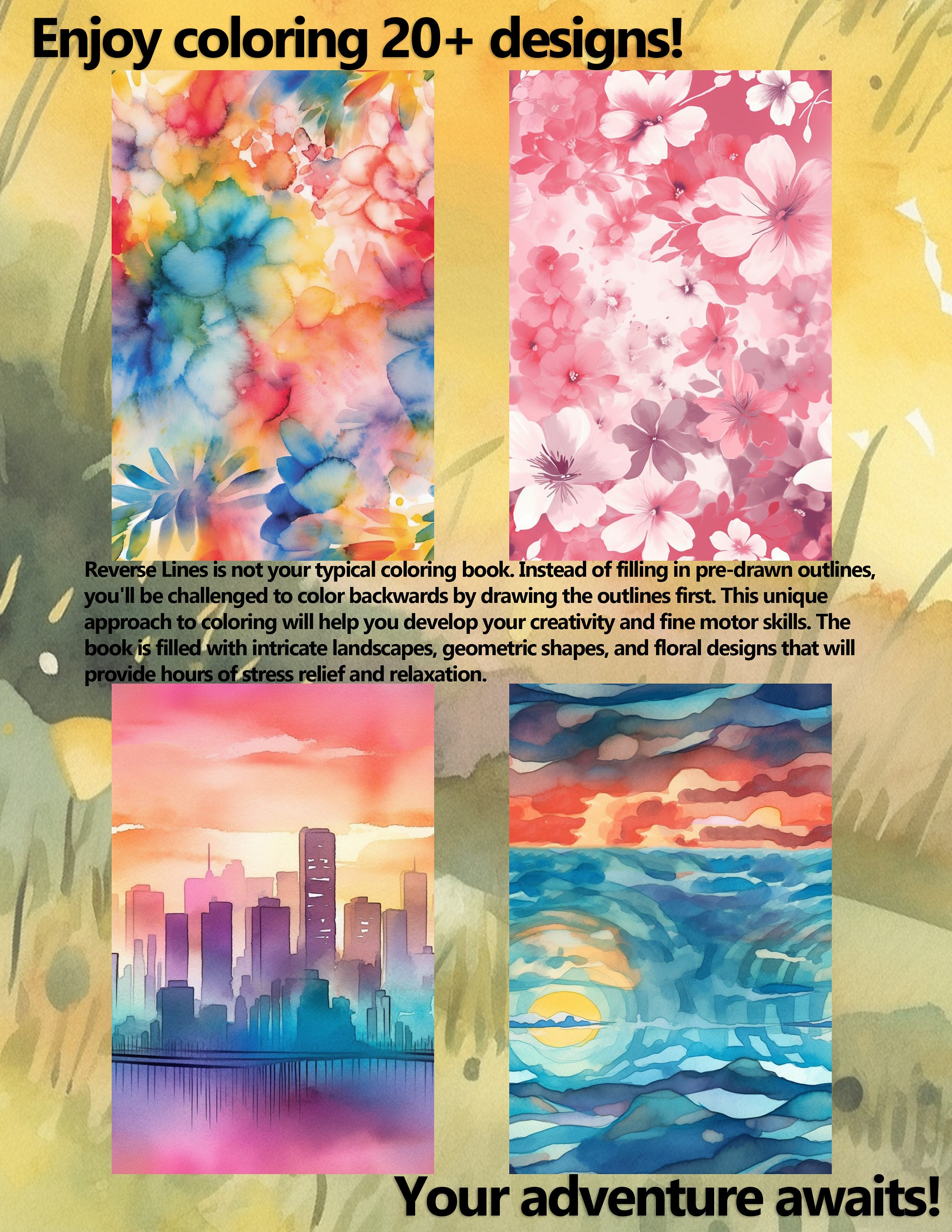 Reverse Lines: A PRINTABLE Coloring Book of Landscapes, Shapes, and ...