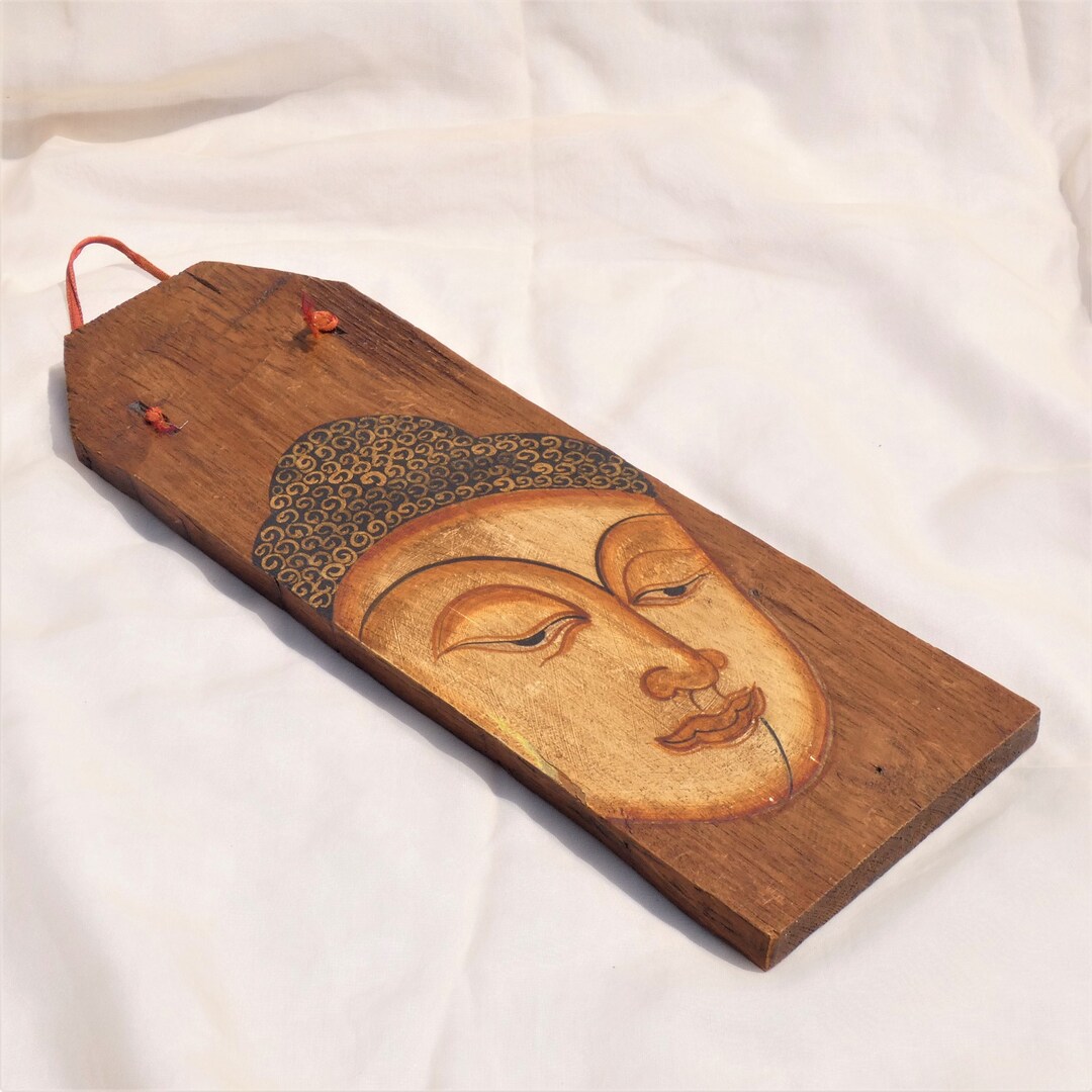Hand Painted Golden Buddha Plaque Wooden Wall Hanging Decor Vintage Art ...