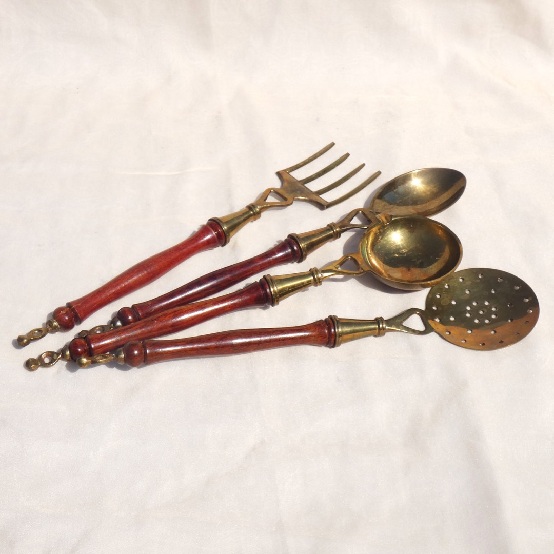 Set of Four Brass and Wood Kitchen Cooking Utensils Serving Hanging ...