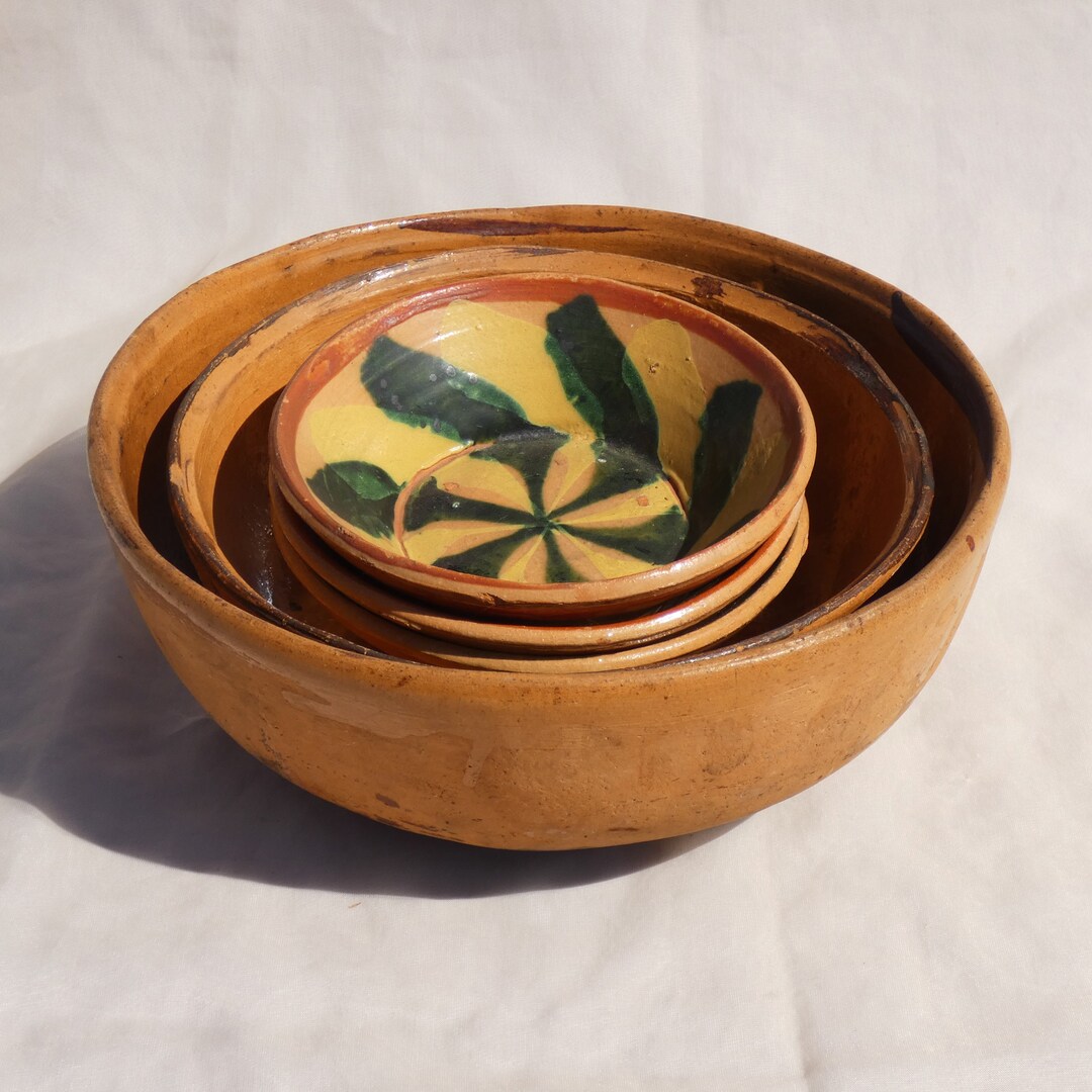 Set of 5 Mexican Folk Ceramic Serving Bowls Terracotta Green Glaze Studio Pottery Handmade ...