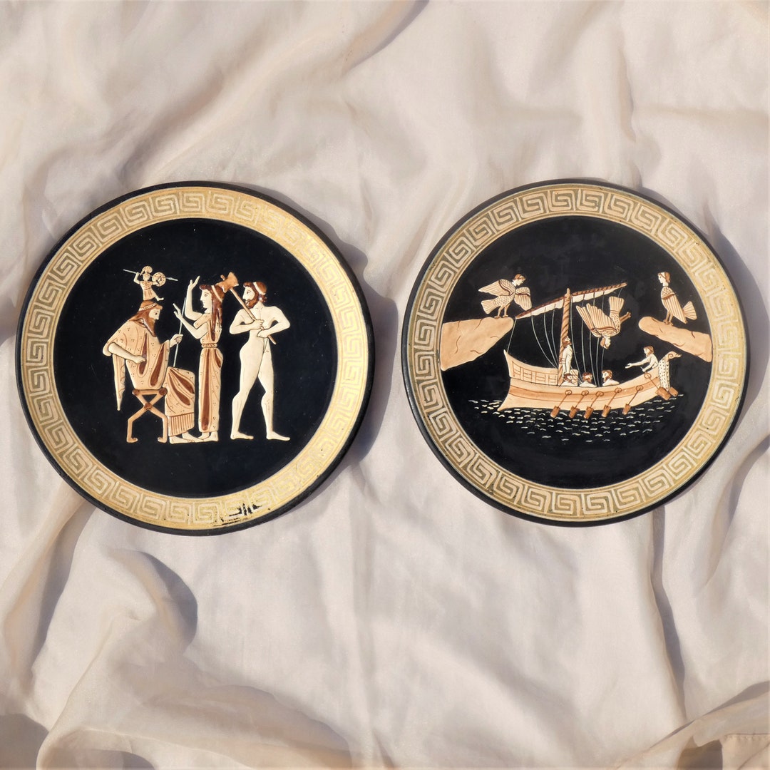 Greek Mythology Carved Wood Plates Vintage Set of 2 Athena Odysseus ...