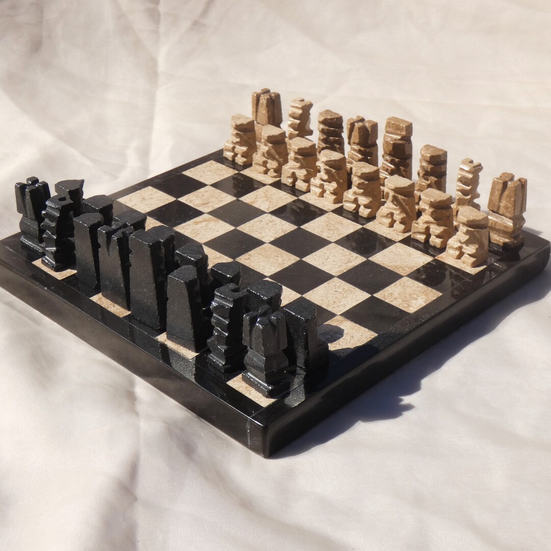 Small 7.25 Hand Carved Stone Chess Set Vintage Onyx Black Beige Maya ...
