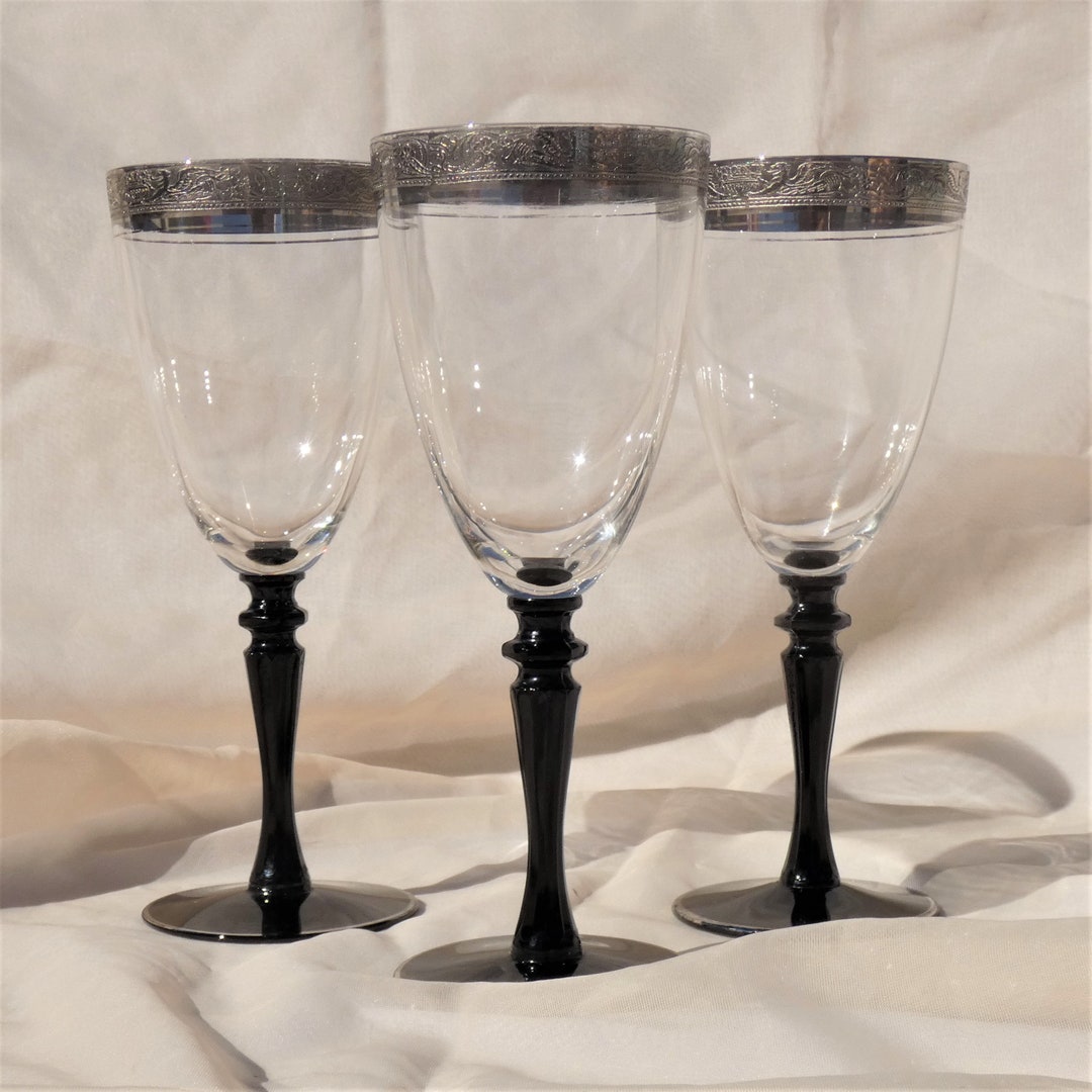 Set of 3 Black Stem Silver Rim Decorated Winged Griffin Etched Wine ...