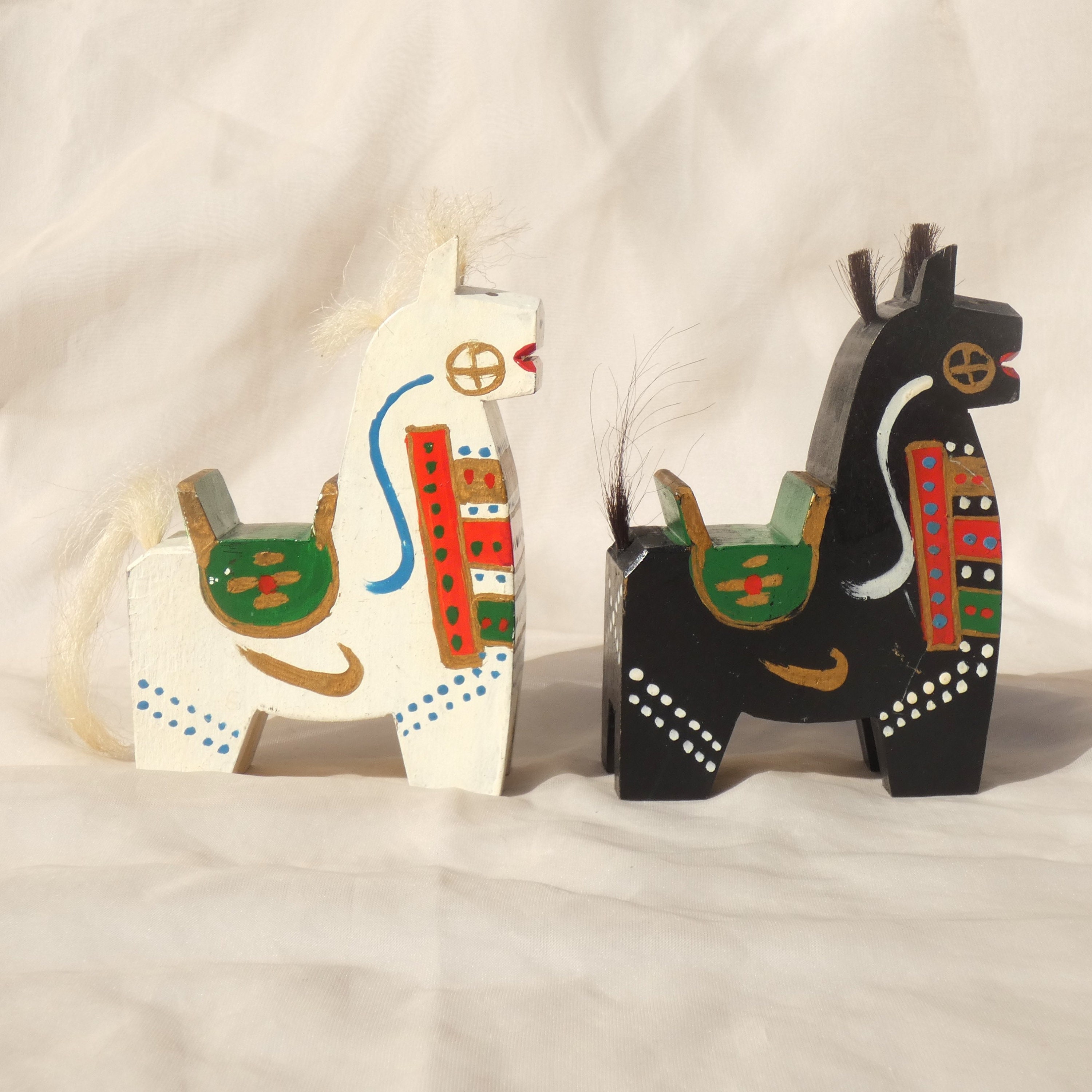Pair of Japanese Yawata Uma Folk Art Wood Horses Black White Hand ...