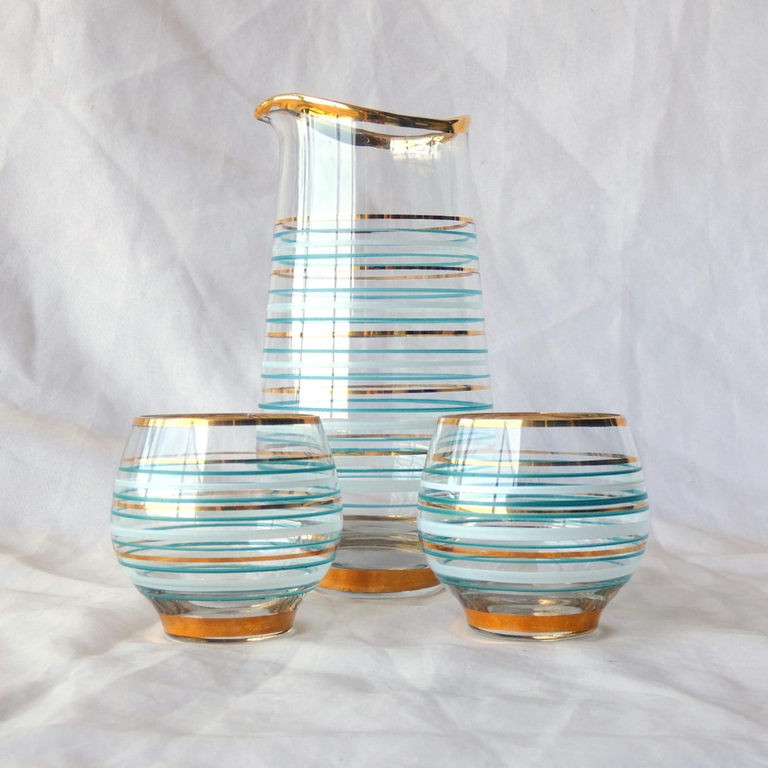 22k Gold White and Blue Lined Glass Carafe Set With Two Glasses Vintage ...