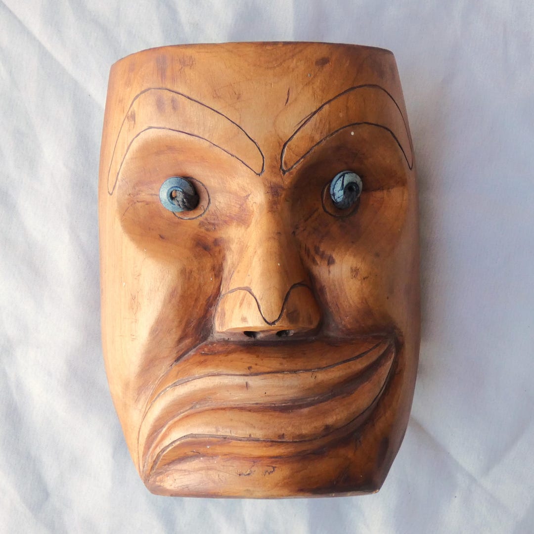 Signed Northwest Coast Indigenous Mask Carved Wood Vintage Face Mid ...