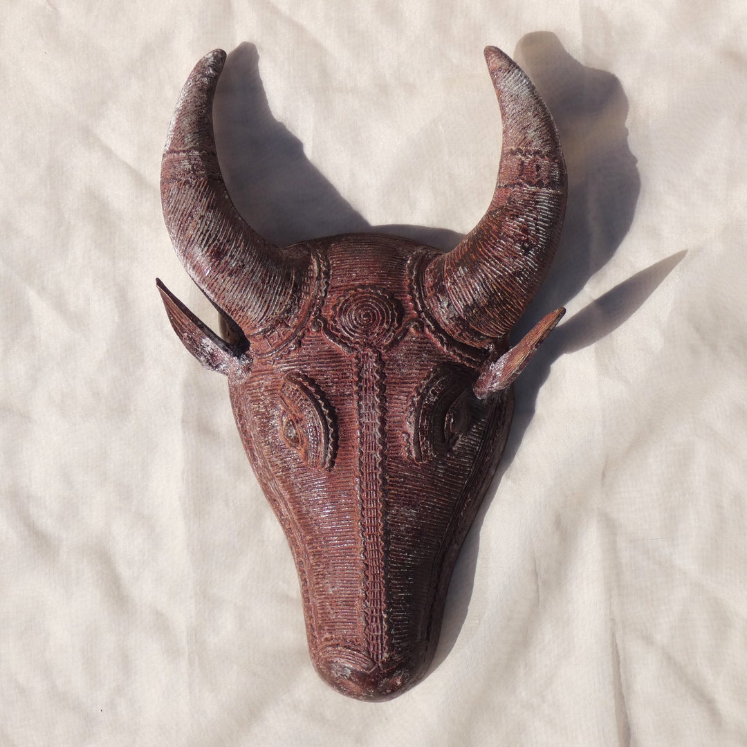 12" Dhokra Metal Bull Head Wall Sculpture Mask Hanging Vintage Handmade ...