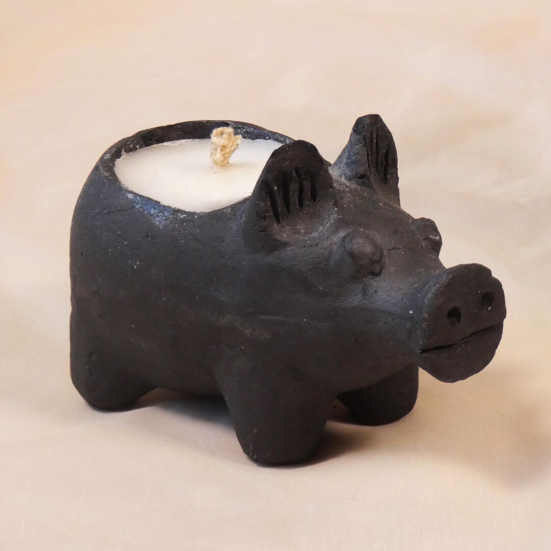 Black Ceramic Pig Candle Vintage Handmade Clay Piggy Mexican Mexico ...