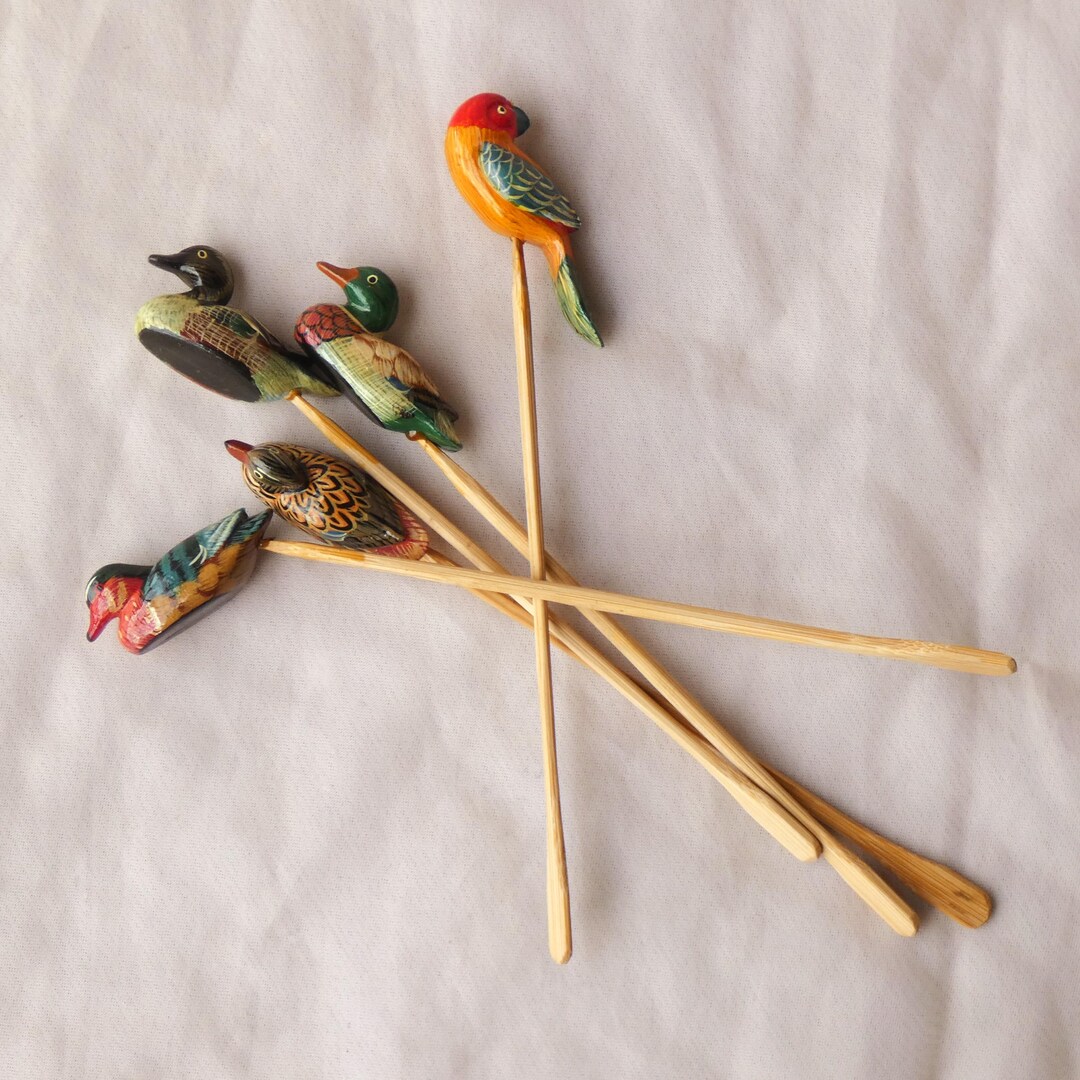 Tiki Bamboo Ducks and Parrot Swizzle Sticks Set of 5 Vintage Cocktail ...
