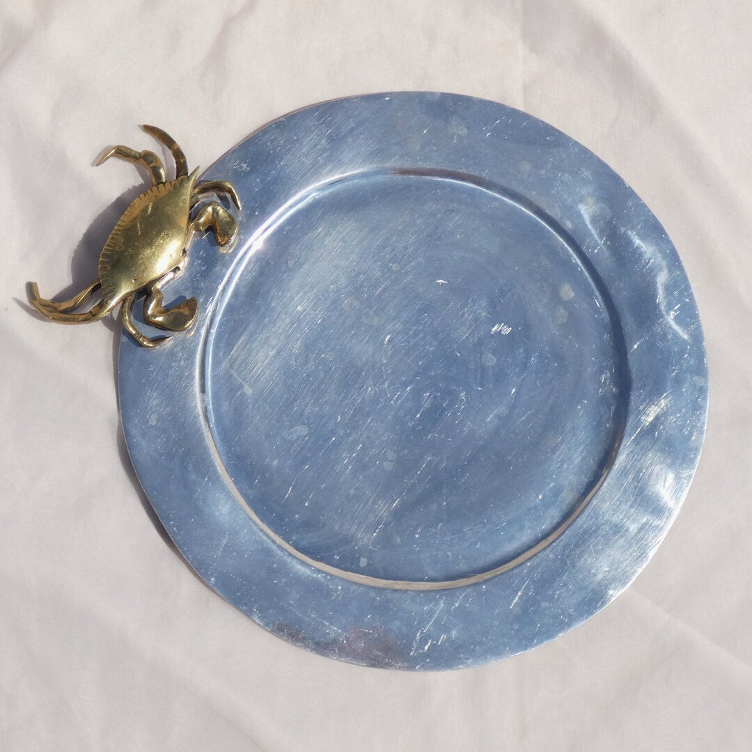 Brass Crab Serving Plate Vintage Silver Metal Round Aluminum Mexico ...