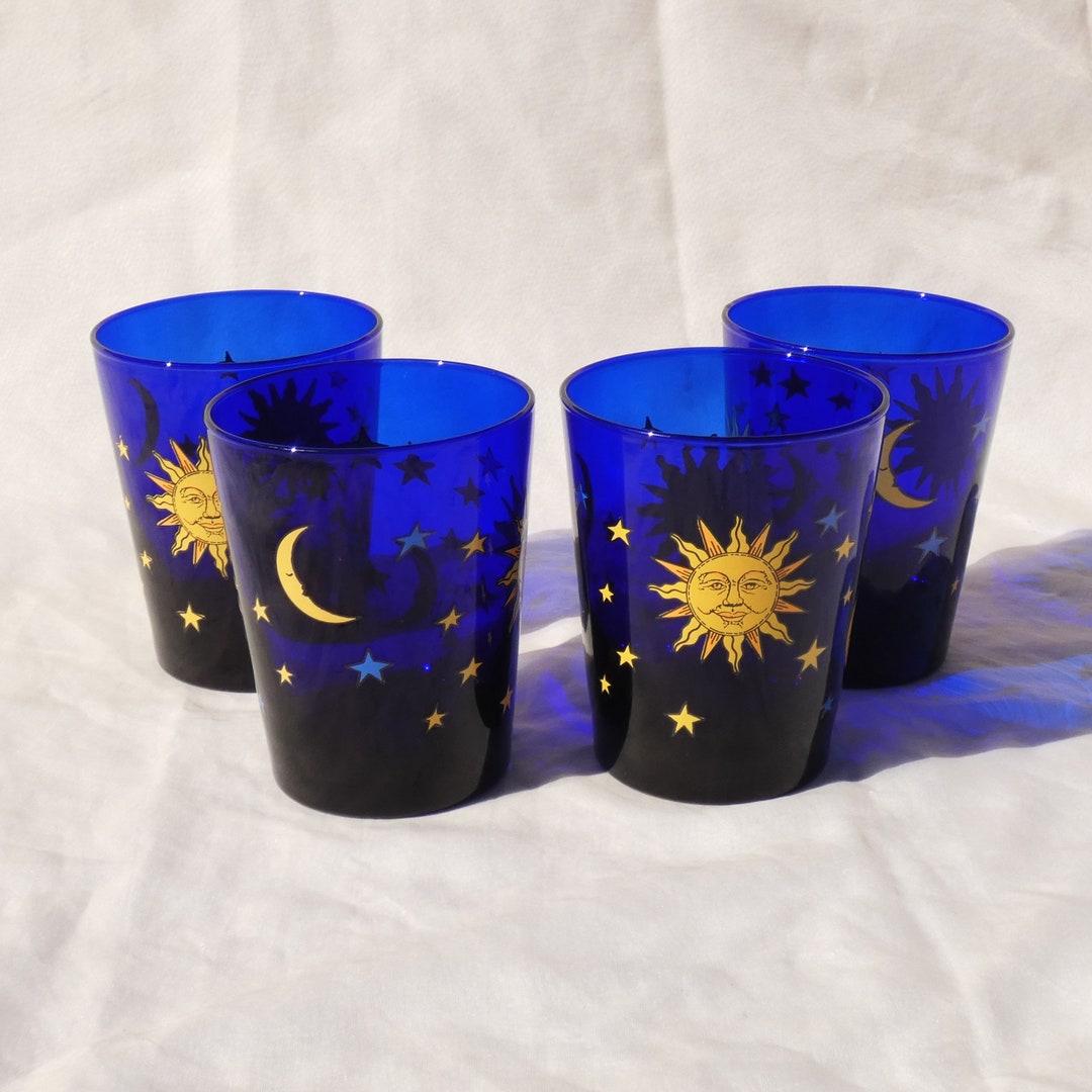 Libbey Cobalt Sun and Moon Glasses Celestial Vintage Rare Witchy Space ...