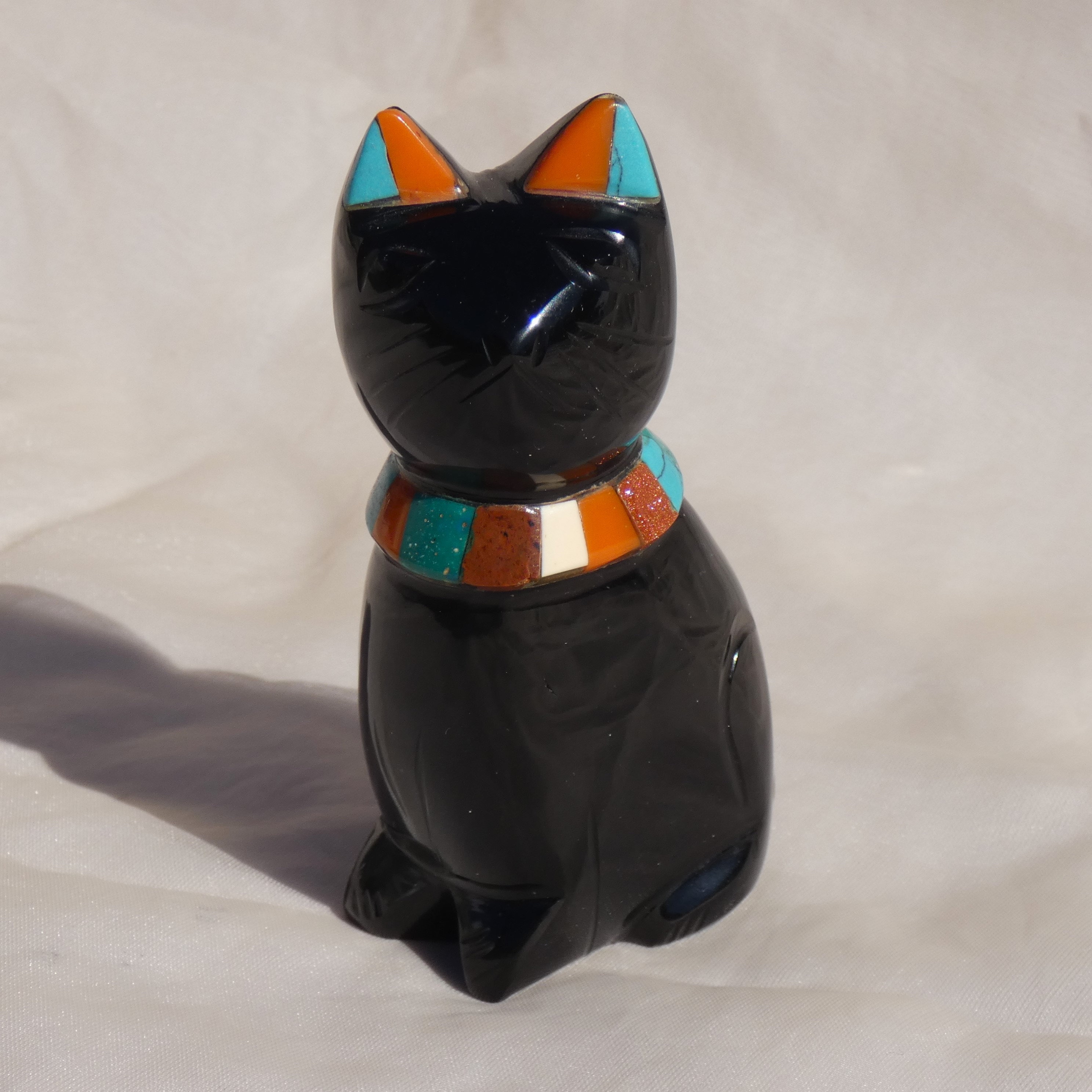 4 Carved Black Onyx Cat Sculpture Figurine Vintage Turquoise Coral ...