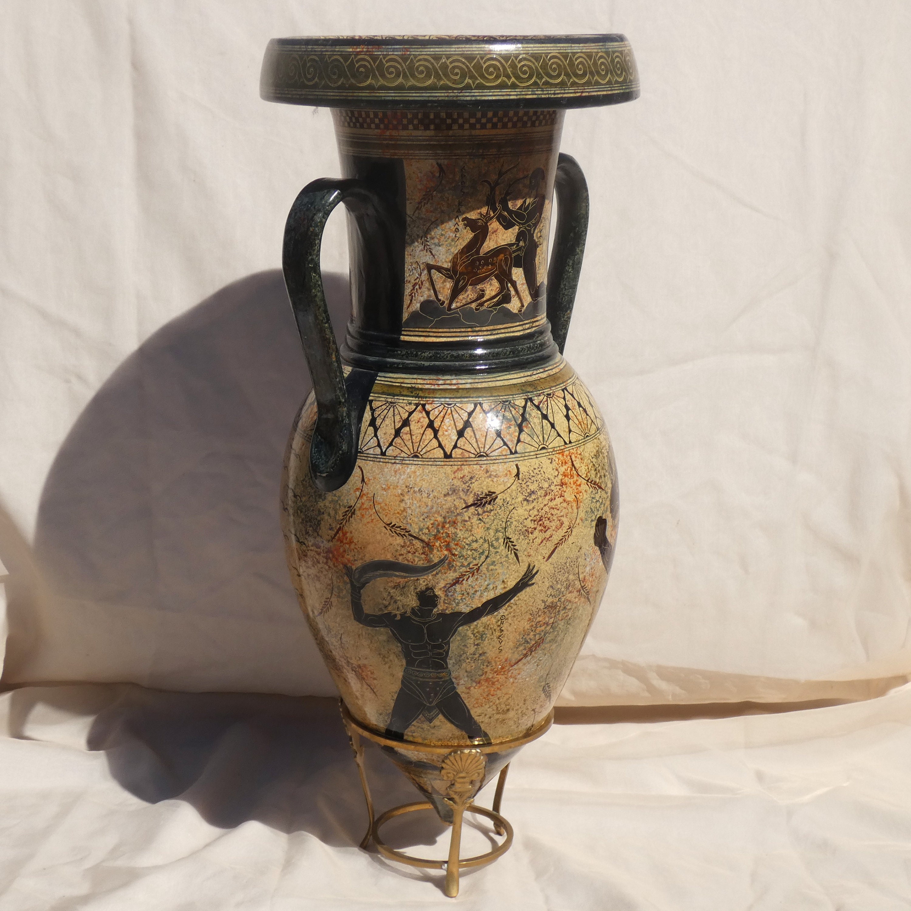 Large 23 Greek Museum Replica Mythological Scenes Amphora Vase on Brass ...