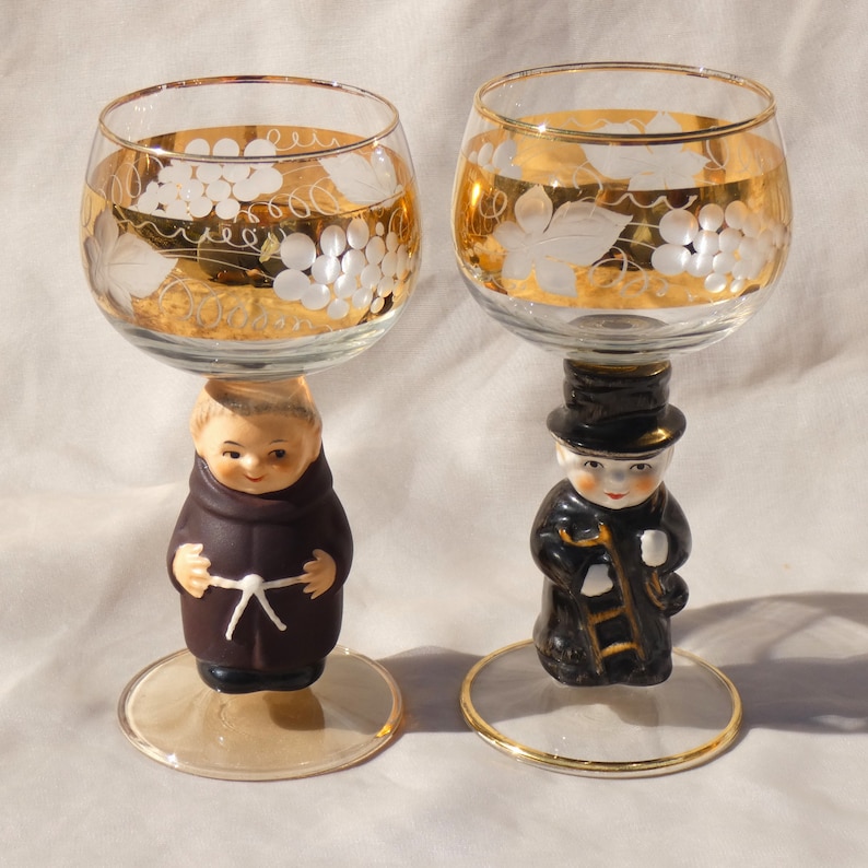 Friar Tuck Monk and Chimney Sweep Goebel Hummel Wine Glass Pair Vintage ...